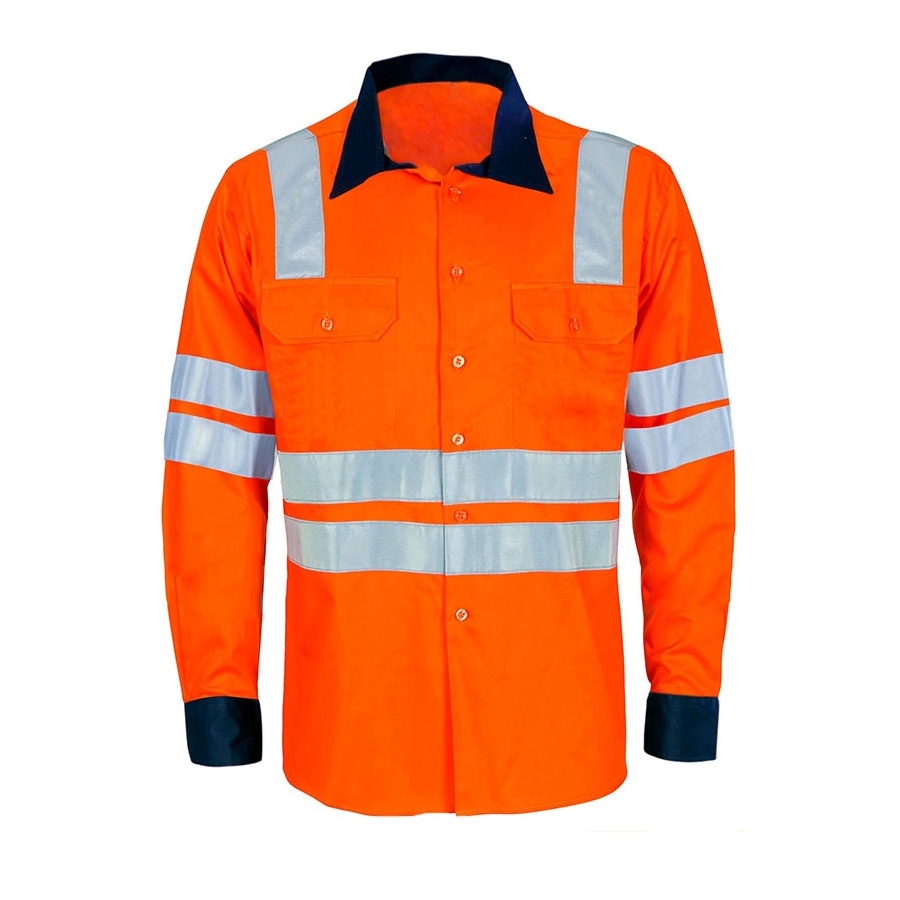 Camisa naranja manga larga 100% algodón con cinta reflectiva gris y ...